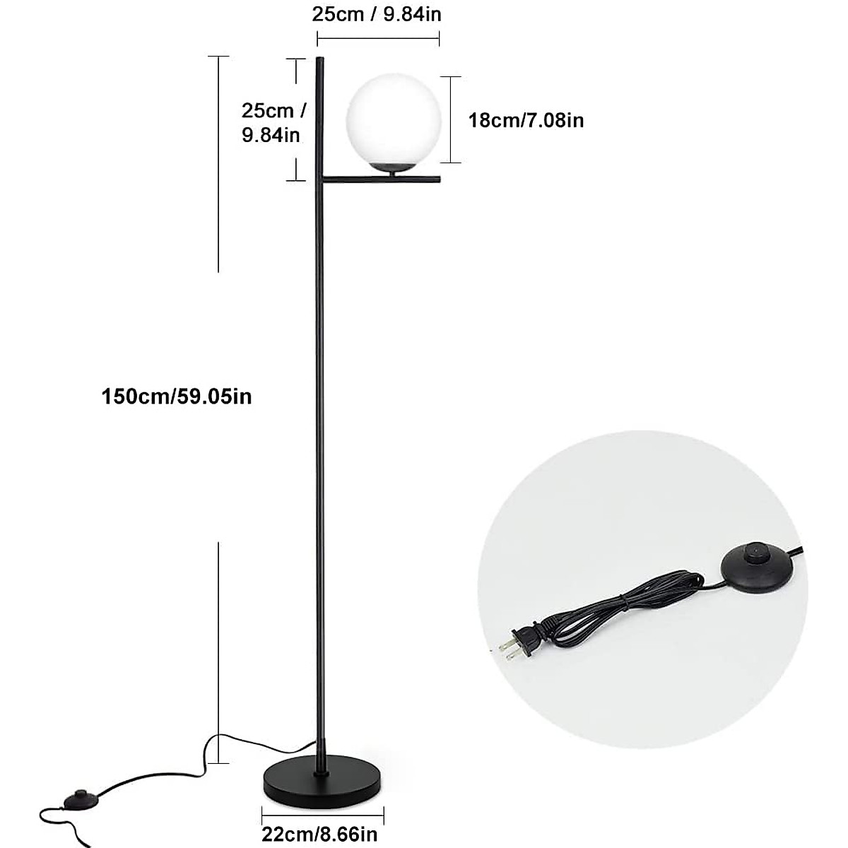 DLLT Modern LED Sphere Floor Lamp-9W Frosted Glass Globe Standing Lamps for bedroom, Energy Saving Mid Century Tall Pole Standing Accent lighting for Living Room, Office, Bedroom, Black