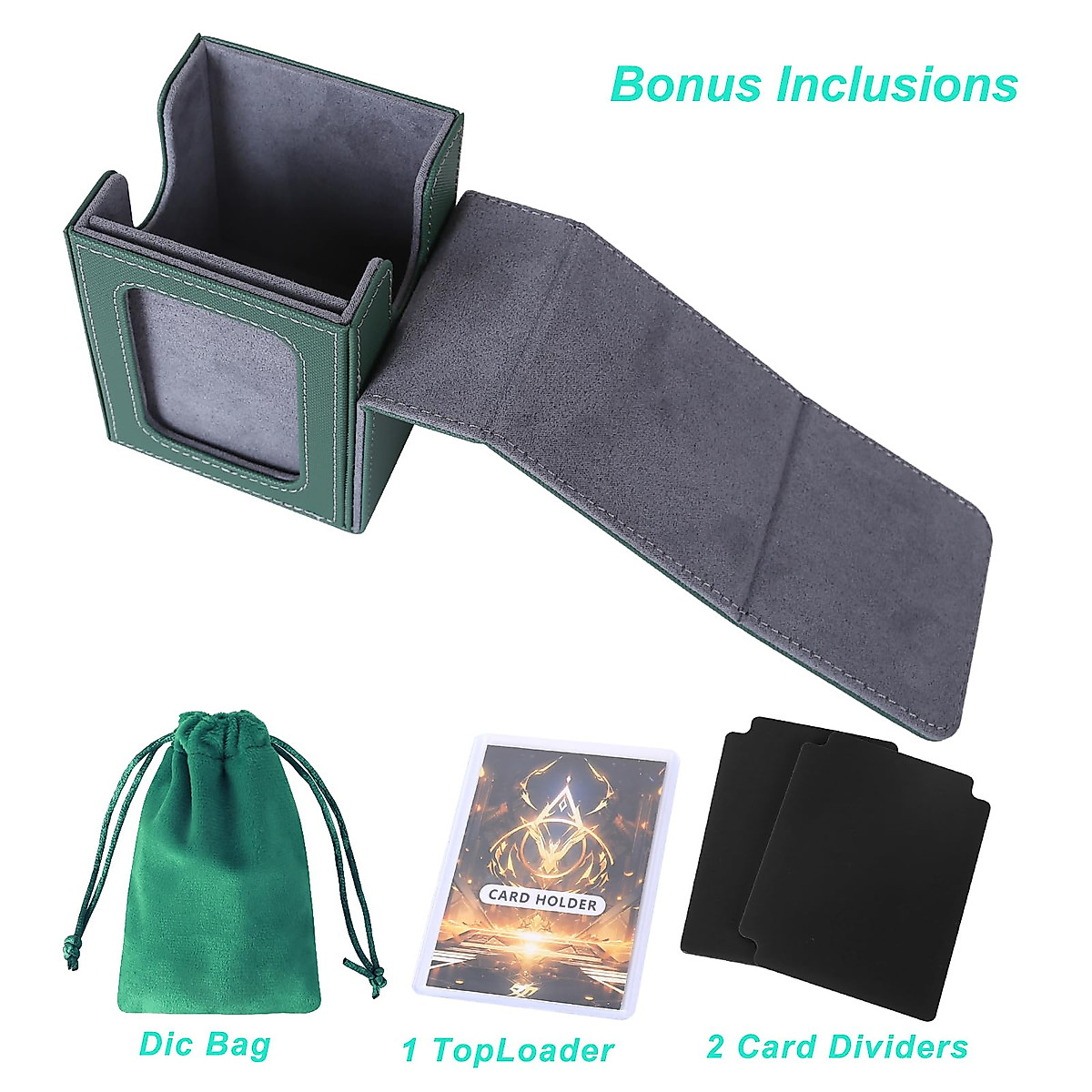 AFIING MTG Deck Box for Commander Display,Card Deck Box Fits 100 Double Sleeved Cards, Magic Commander TCG Card Storage case with 2 Dividers,Dice Bag and 1 Toploader(Green/Grey)