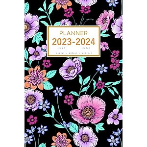 Planner July 2023-2024 June: 6x9 Medium Notebook Organizer with Hourly Time Slots | Beautiful Flower Garden Design Black