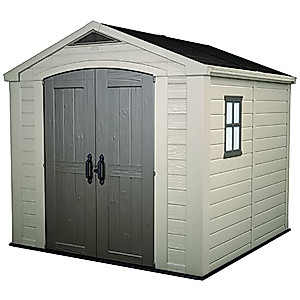 Keter Factor 8x8 Foot Large Resin Outdoor Storage Shed with Floor for Patio Furniture, Lawn Mower, and Bike Storage