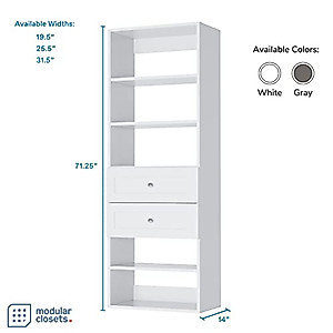 Closet Shelves Tower - Modular Closet System with Drawers (2) - Corner Closet System - Closet Organizers and Storage Shelves (White, 19.5 inches Wide) Closet Shelving