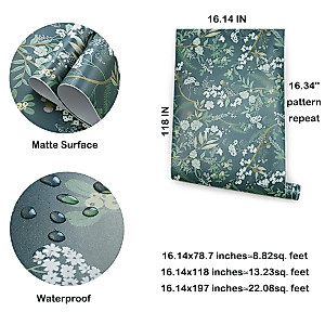 Guvana Floral Peel and Stick Wallpaper Leaf Wallpaper Green Leaves Contact Paper Flowers Self Adhesive Wallpaper DIY Removable Contact Paper Vintage Wallpaper for Bedroom Livering Decor 118"x16.2"