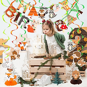29 Pcs Woodland Party Supplies Animal Honeycomb Centerpieces Baby Shower Birthday Decorations Include Happy Birthday Banners Hanging Cards Swirl Ceiling Streamers for Forest Camping Party Supplies