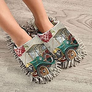 Retro Car Flower Butterfly Mop Slippers Shoes Cover for Floor Cleaning Washable Hair Dust Dirty Cleaners Microfiber Mop Socks for House Office Kitchen