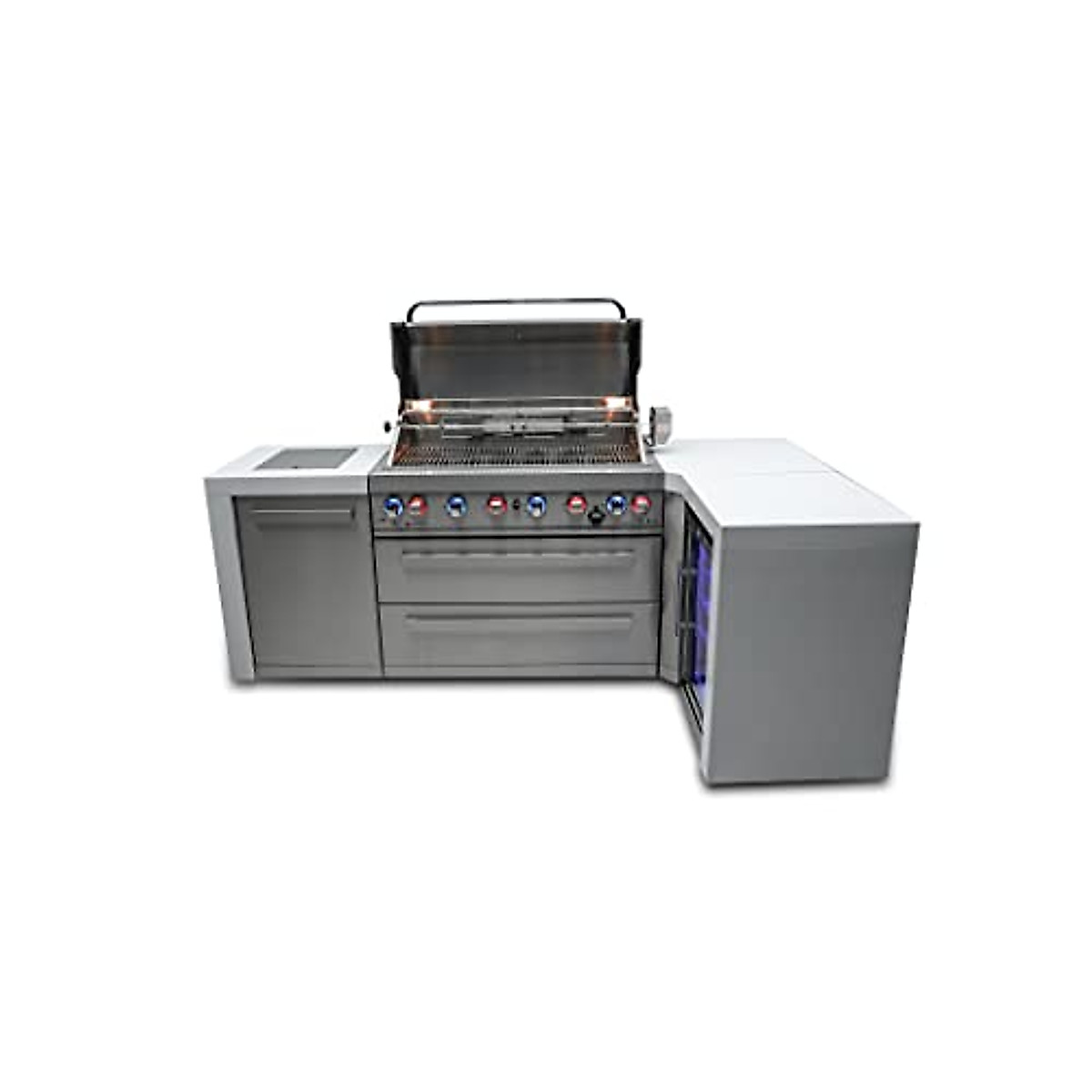Mont Alpi MAi805-D90FC 44-inch 6-Burner 115000 BTU 90 Degree Corner Deluxe Stainless Steel Gas Outdoor Barbecue Island Grill w/Lockable Compact Refrigerator + Infrared Side Burner + Rotisserie Kit