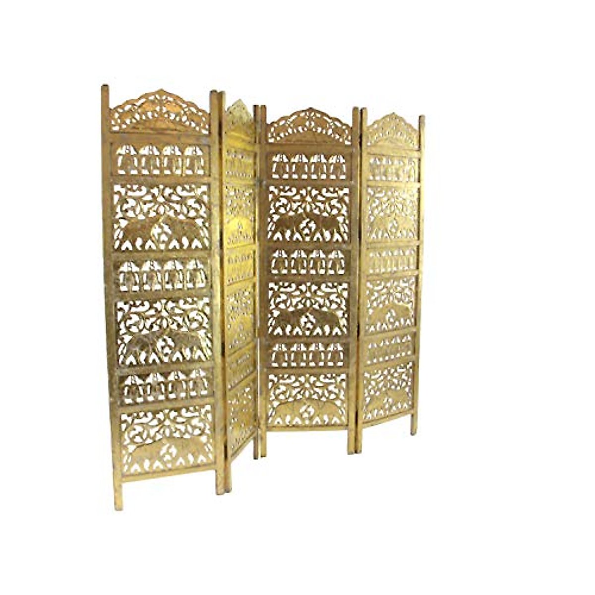 Deco 79 Wooden Scroll Handmade Partition Room Divider Screen Hinged Foldable Partition 4 Panel Privacy Screen with Carved Elephant Accents, Room Partition 80" x 1" x 72", Gold