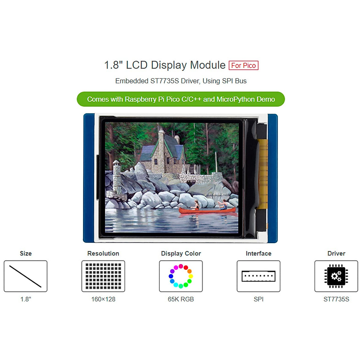 waveshare for Raspberry Pi Pico 1.8inch LCD Display Module, TFT Screen Display 160x128 Resolution 65K RGB Display Color SPI Interface 2.6-5.5V Operating Voltage