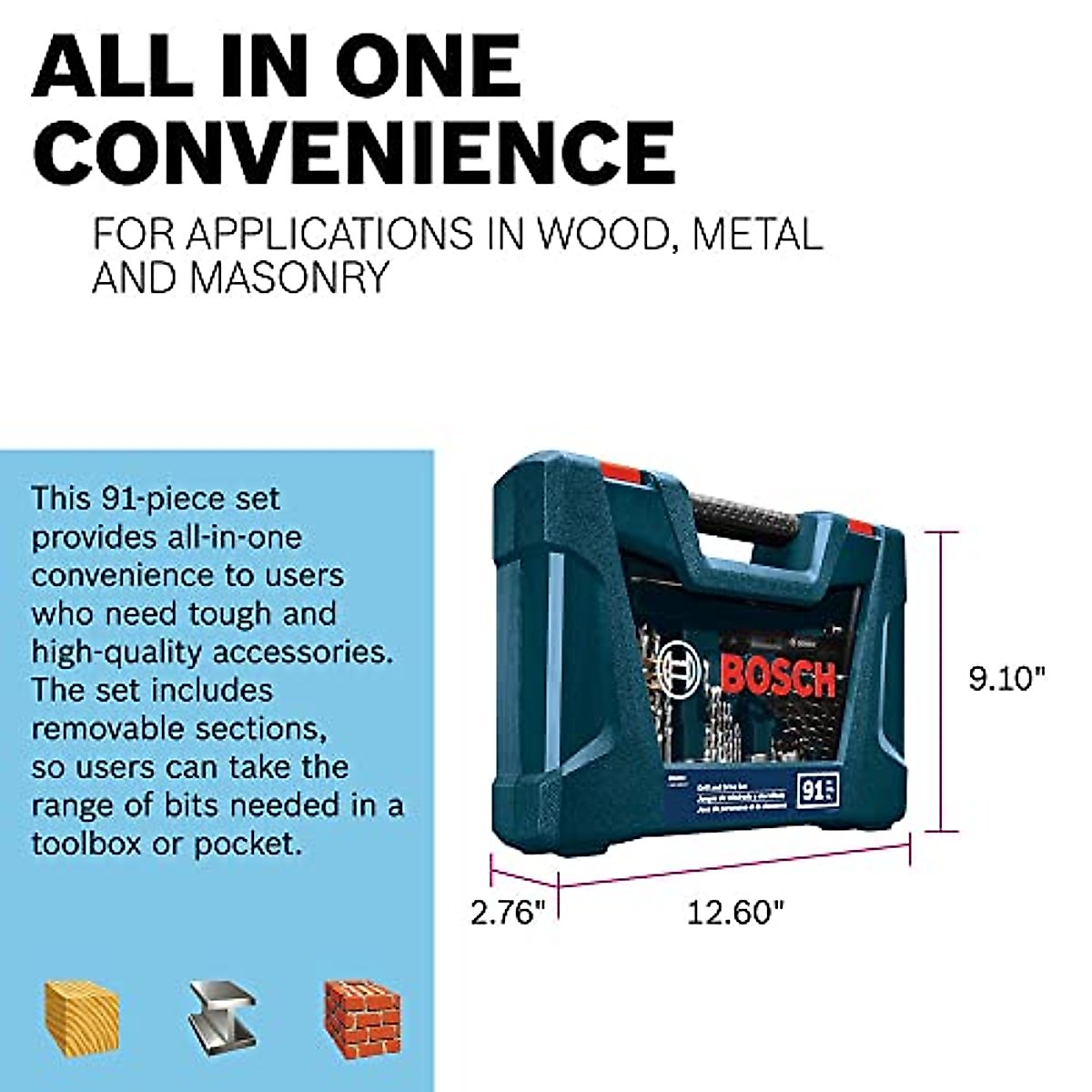 Bosch Power Tools Drill Kit - CLPK22-120 - 12-Volt Lithium-Ion 2-Tool Combo Kit (Drill/Driver and Impact Driver) with 2 Batteries, Charger and Case w/ 91 pc drill and drive bit set