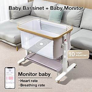 RONBEI Baby Bassinet with Breathing Baby Monitor, Bedside Sleeper with Storage Basket and Wheels, Easy Folding Bassinets for Baby and Monitor Baby Heart Rate Breathing Rate