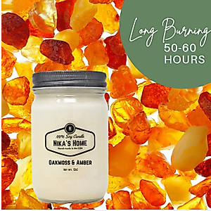 Nika's Home Oakmoss & Amber Soy Candle 12oz Mason Jar Non-Toxic White Soy Handmade, Long Burning 50-60 Hours Highly Scented All Natural, Clean Burning Candle Gift Décor