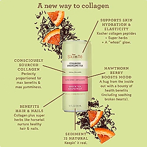 SKINTE Collagen Sparkling Tea Organic Green Tea with Grapefruit | 12 oz (Pack of 12) | Antioxidants and Vitamin C | 3000mg Collagen Peptides | Benefits Skin, Mood and Immunity | Zero Added Sugar