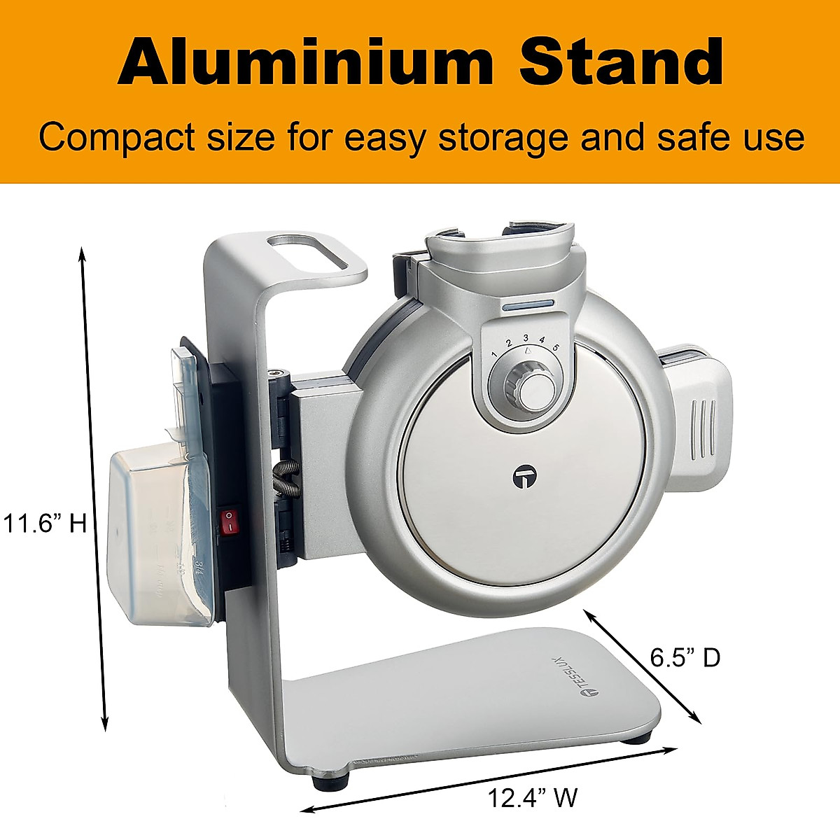 Tesslux Belgian Waffle Maker, Vertical Design with Non-stick Plate, 5 Browning Settings, with Precision-Pour Cup, 800W, Sliver