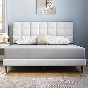 Molblly Queen Bed Frame Upholstered Platform with Headboard and Strong Wooden Slats,Non-Slip and Noise-Free,No Box Spring Needed, Easy Assembly,White