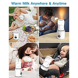 Bottle Warmer, Portable Bottle Warmer for Travel with 4 Adapters, LED Real-time Display & Rechargeable & Precise Temperature Control Travel Bottle Warmer for All Bottles for Breastmilk & Formula
