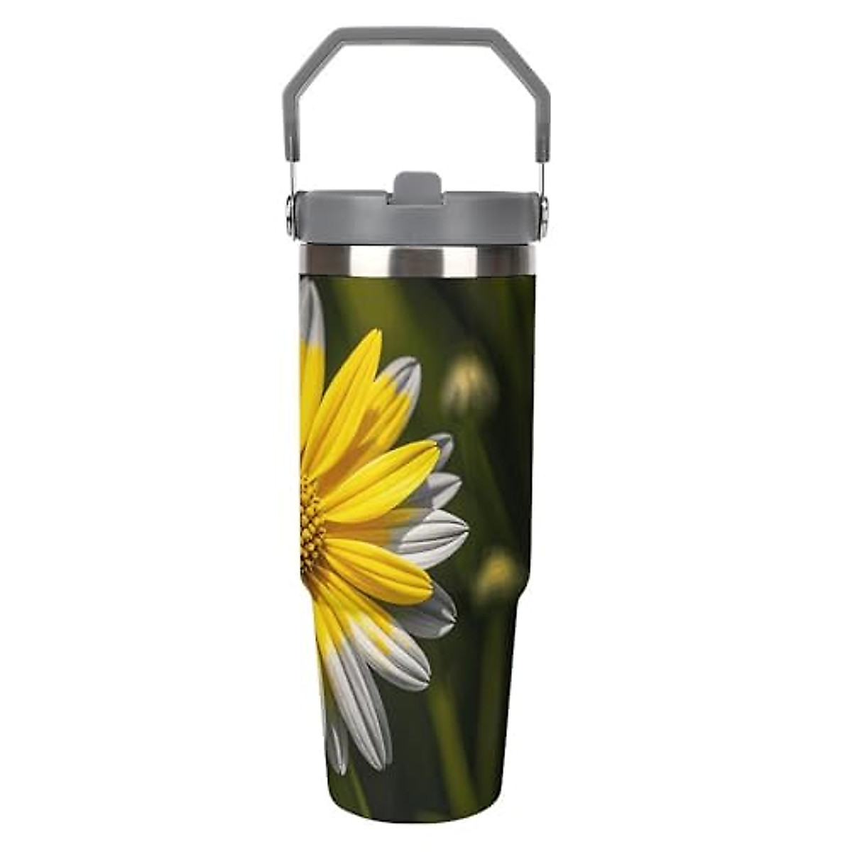 WITHSBKK 30oz Car Cup Yellow Gray Flower Printed with Portable, Stainless Steel Travel Mug, Vacuum Insulated Tumbler And Straw, Leakproof for Car & Outdoor, UV Printed Design