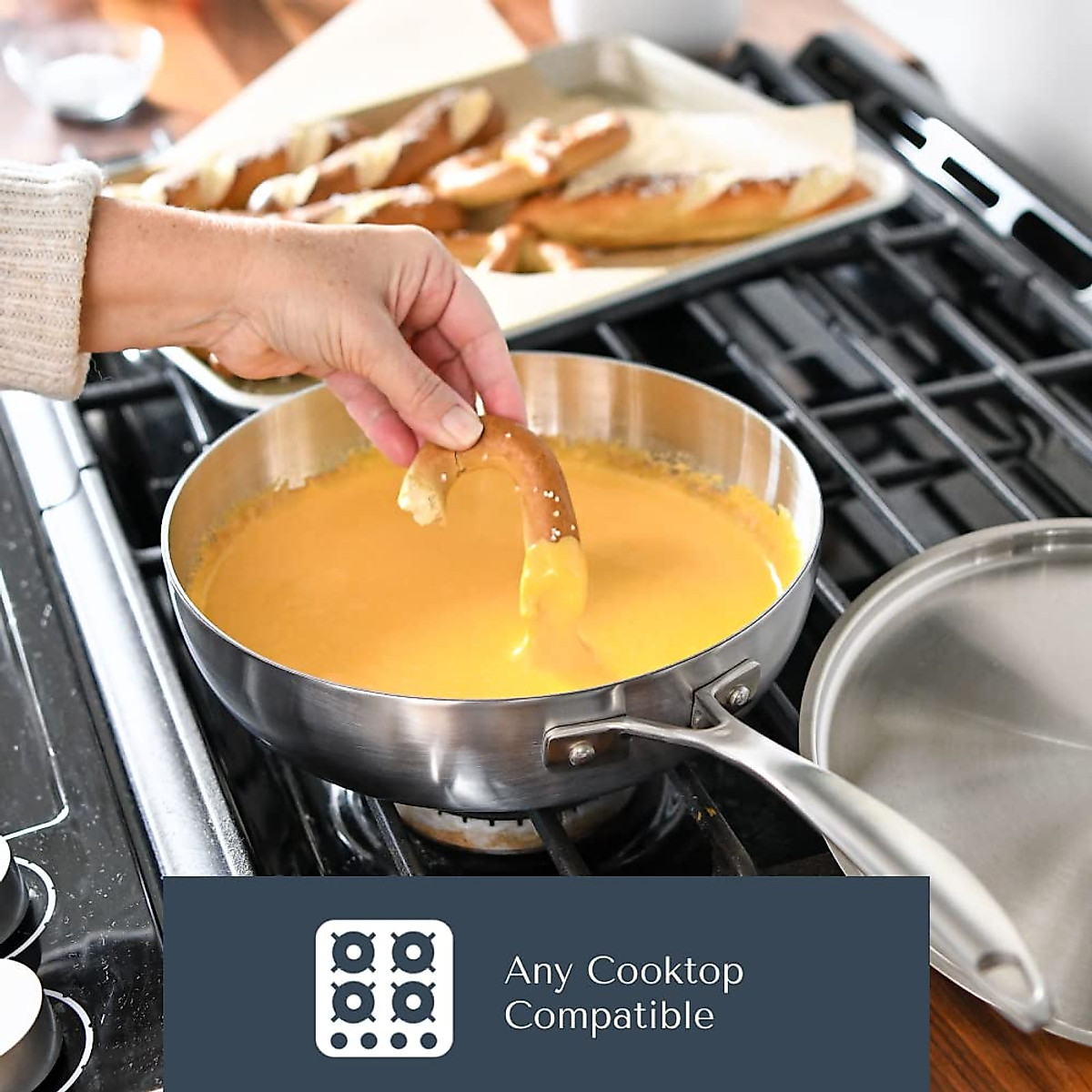 American Kitchen - 3 Quart Stainless Steel Saucier, 10 inch Easy-Stir Chef's Pan, with Cover, Made In America