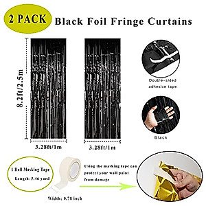 Muhome Black Foil Fringe Curtain, 2PCS 3.28FT x 8.2FT Tinsel Door Curtains & 1 Masking Tape Black Fringe Backdrop for Wedding Birthday Baby Shower Bachelorette Party Decorations