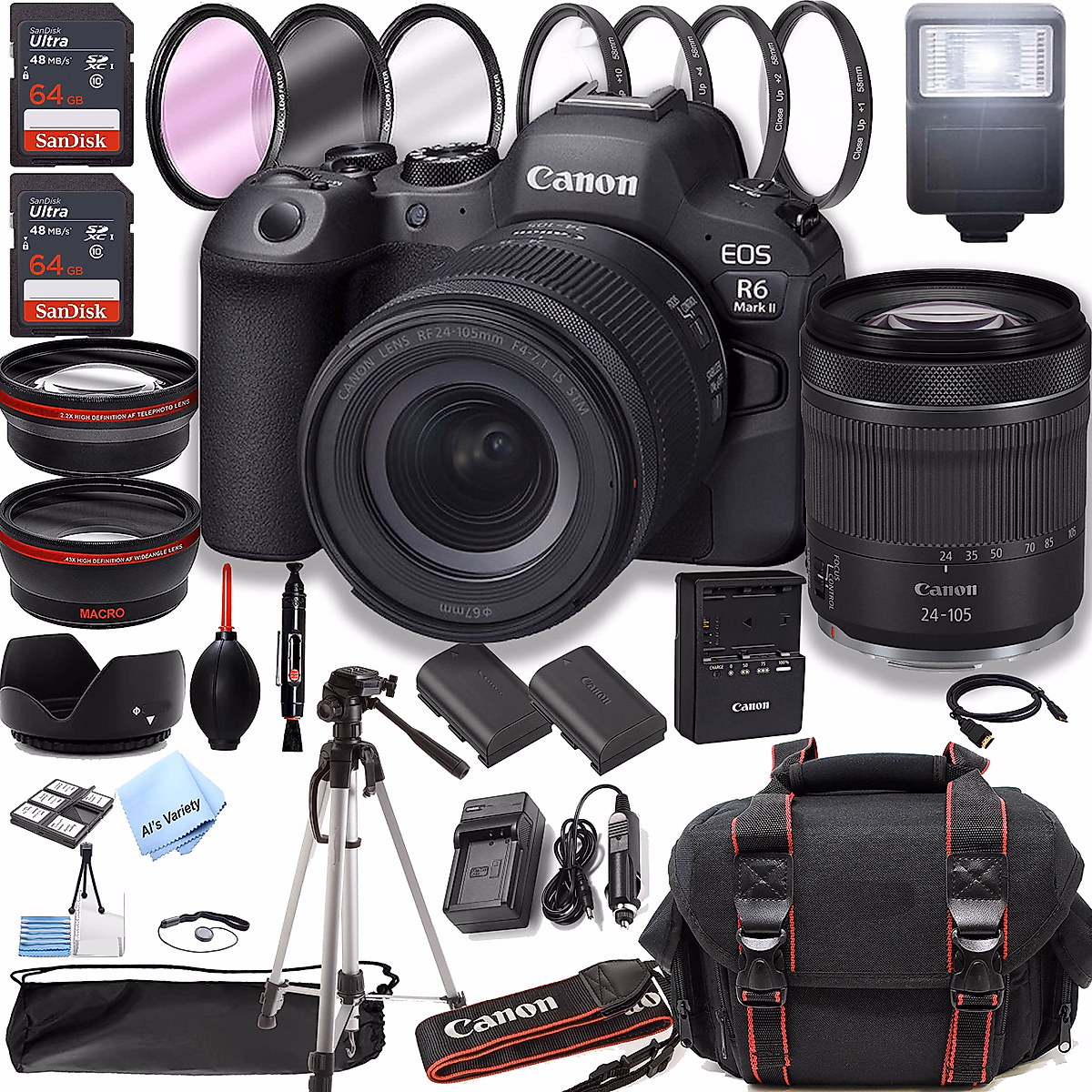 Canon EOS R6 Mark II Mirrorless Digital Camera with RF 24-105mm f/4-7.1 STM Lens + 128GB Memory + Case + Tripod + Filters (38pc Bundle)