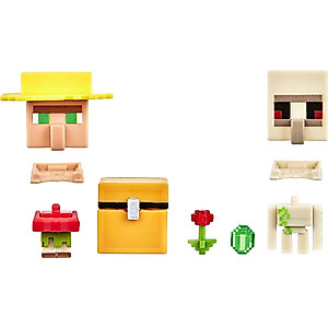 Minecraft Mob Head Minis Villager Guarding Iron Golem Pack with 2 Action Figures & Accessories, Incudes Authentic Pixelated Video-Game Characters Steve & Spider, Age 6 Years & Older