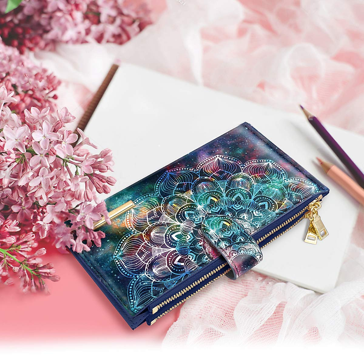 Coco Rossi Wallets for Women Floral Pattern Wallet Multi Card Organizer Bifold Wallet with Zipper Pocket,Mandala Nebula