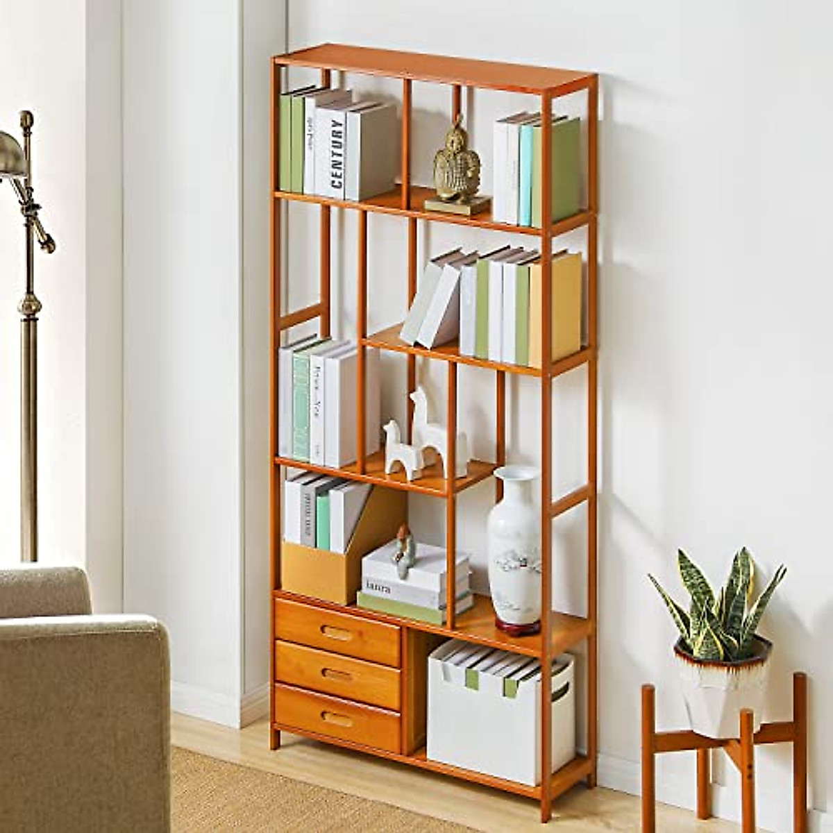 MoNiBloom 4 Tier Bookcase with 3 Drawers, Bamboo Freestanding Ventilated Display Shelf Storage Organizer Cabinet for Bedroom Living Room Office Décor, Brown