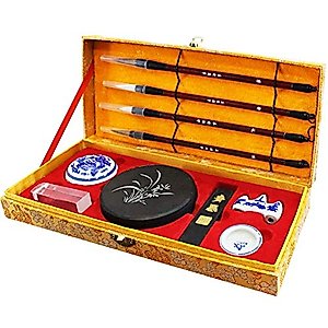 Mozentea Chinese Calligraphy brush Kit Set of 10, with Ink Stick & Ink Stone for Painting Japanese Sumi-e or Writing Kanji S-F-Z1