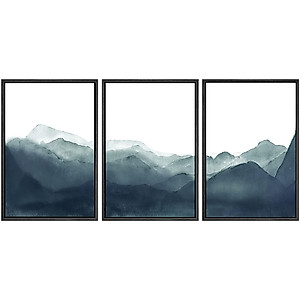 SIGNWIN Framed Canvas Print Wall Art Blue & Green Mountains in Fog Nature Wilderness Illustrations Modern Art Rustic Scenic Relax/Calm Cool for Living Room, Bedroom, Office - 16"x24"x3 Black