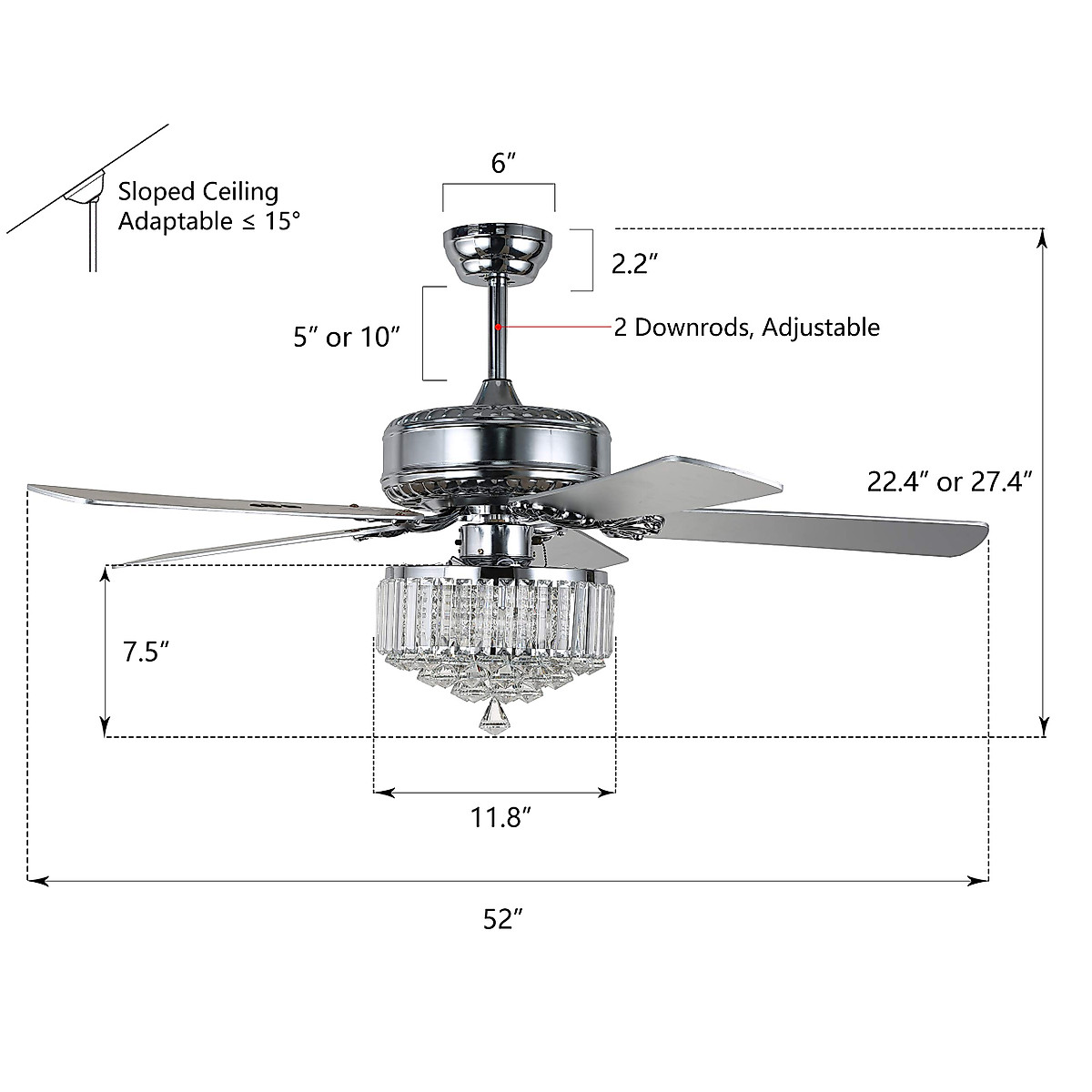 52" Crystal Ceiling Fan Chandelier, Remote Control, Reversible Motor & 5 Wood Reversible Blades, Chrome Finish