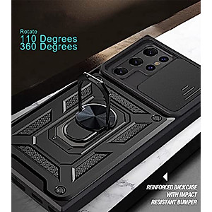Multipurpose case for Samsung Galaxy S22 Ultra 6.8 inches Case with Slide Lens Cover, Shockproof with Built-in 360° Rotate Kickstand Magnetic Protective Case (Black)