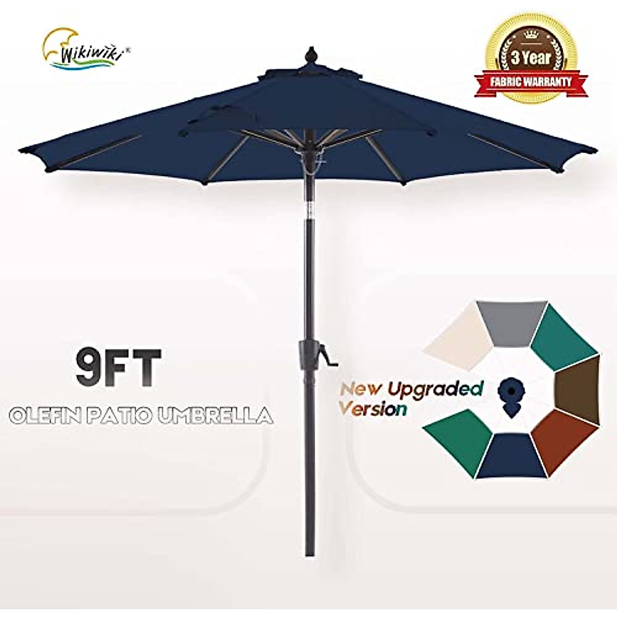 wikiwiki Olefin 9 FT Market Umbrella Patio Outdoor Table Umbrellas with 3-Year Nonfading Olefin Canopy and Push Button Tilt for Garden, Lawn, Backyard & Pool, Navy Blue