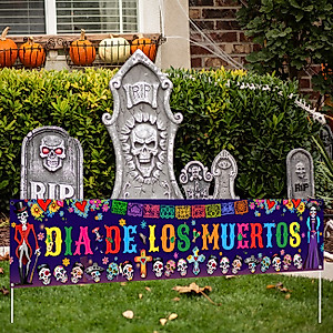 Dia De Los Muertos Decorations Day of the Dead Banner Yard Sign Backdrop Banner with Floral Sugar Skull for Indoor Outdoor Mexican Themed Party Halloween Decorations Supplies