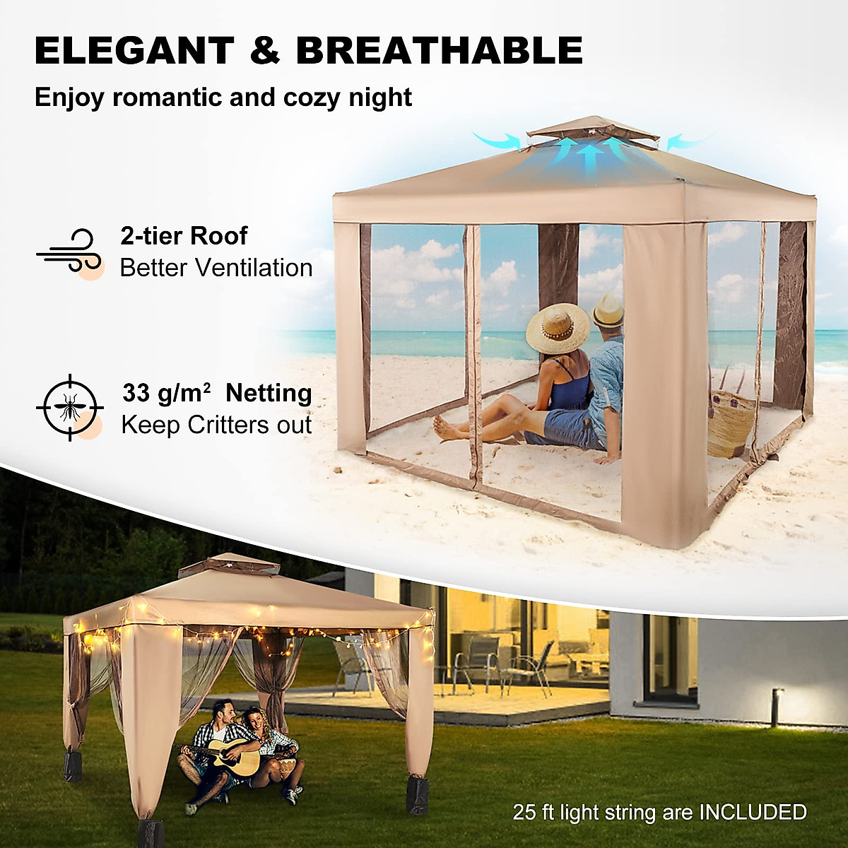 Happybuy Outdoor Canopy Gazebo Tent, Portable Canopy Shelter with 10'x10' Large Shade Space for Party, Backyard, Patio Lawn and Garden, 4 Sandbags, and Netting Included, Brown