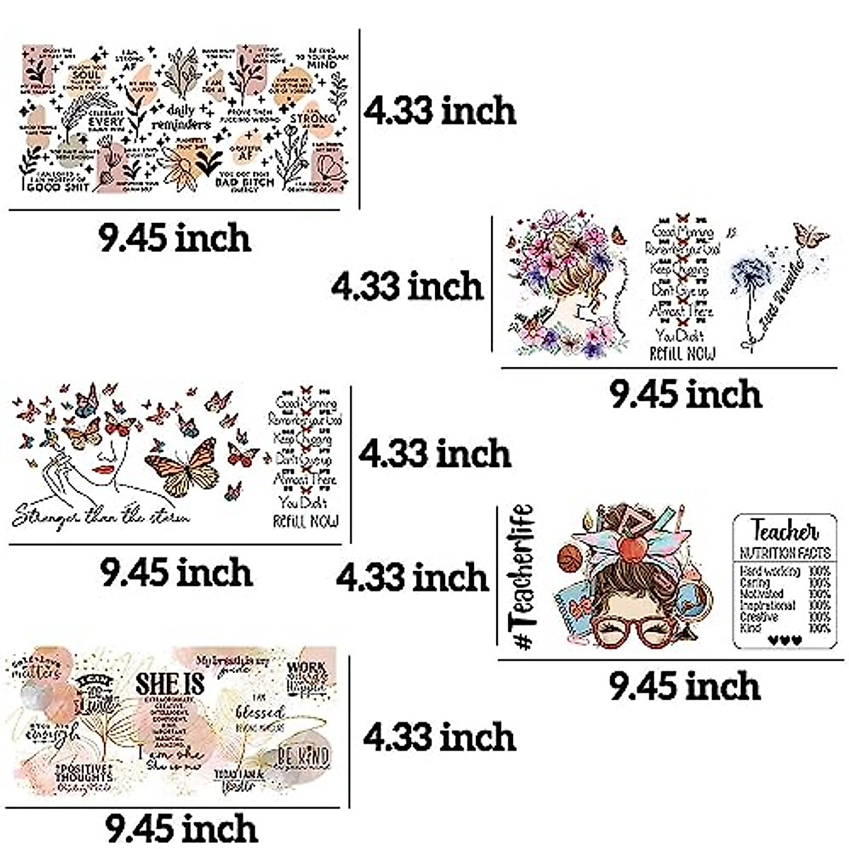 UV DTF Transfer Sticker, 5Sheets Rub on Transfer Stickers for Glass Cups,Waterproof UV DTF Cup Wrap Rub on Transfers Stickers Decals, Clear Film Transfer Paper UV DTF Cup Wraps Transfer Sticker