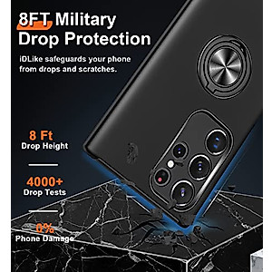 iDLike for Samsung Galaxy S23 Ultra Case, Military Grade Drop Test Shockproof Phone Case Cover with [Full Camera Lens Protection] [Invisible Ring Holder Kickstand],Black