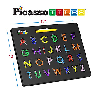 PicassoTiles 2-in-1 Magnetic Drawing Board Toy 12x10 inch Large Magnet Bead Tablet Pad with 2 Facings Alphabets STEM Educational Erasable & Reusable Learning Writing Playboard in Black PTB03