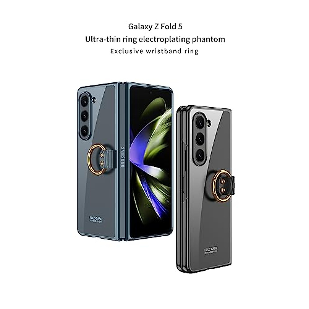 SHIEID Samsung Z Fold 5 Case with Ring, Galaxy Z Fold 5 Case with Screen Protector Electroplating Border Design Protective Cover for Samsung Galaxy Z Fold 5, Bright Black