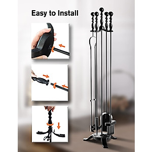 COMFYHOME 5-Piece Fireplace Tools Set 32'', Heavy Duty Wrought Iron Fire Place Tool w/Long Fire Poker, Shovel, Tongs, Brush, Stand for Outdoor Indoor Chimney,Stove, Fire Pit Easy to Assemble,Black