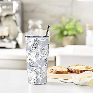 JASROTAO Gray Flower Tumbler,Flowers 20oz Stainless Steel Insulated Travel Tumbler,Travel Coffee Mug with Lid and Straw Water Bottle Drink Tumbler Cups Gifts for Women Men Lovers