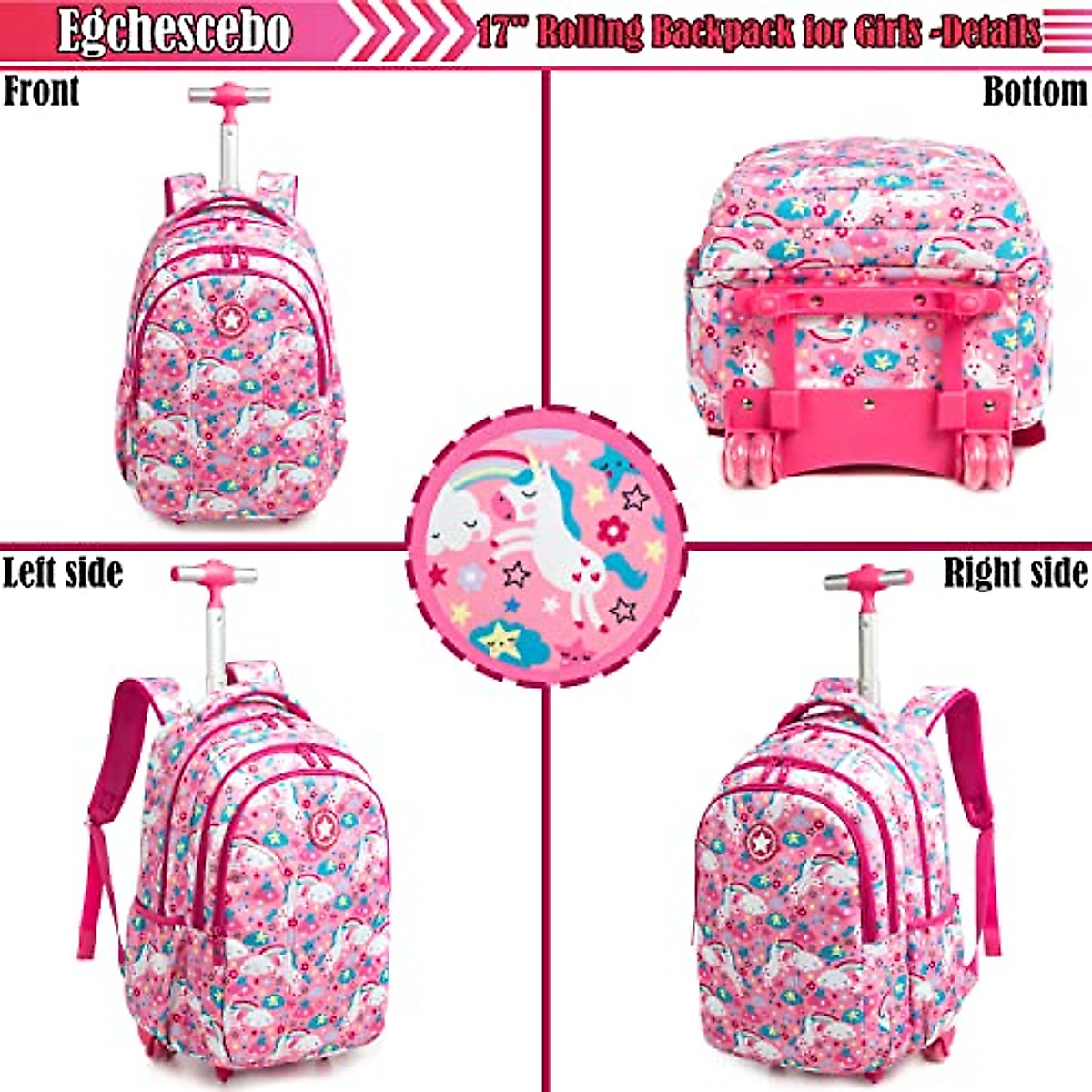 Egchescebo Girls Rolling Backpacks with Wheels 3PCS Unicorn Backpack Set for School Wheeled Luggage Suitcase Lunch Box Pencil Case Large Capacity Bookbag Adjustable Trolley for Elementary Travel Red