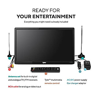 Tyler 16" Portable TV LCD Monitor Battery Powered Wireless Capability HD-TV, HDMI, USB, RCA, AC/DC, FM Radio, Car Charger, Remote Control, Built in Stand Small Mini for Car & Traveling