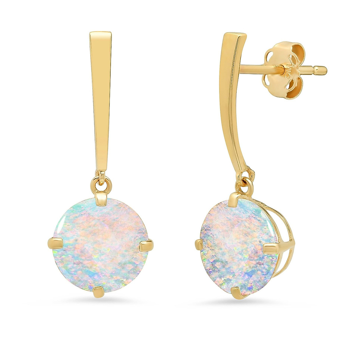 MAX + STONE 14k Yellow Gold Solitaire Created Opal Round Drop Dangle Earrings for Women 8mm October Birthstone with Push Backs