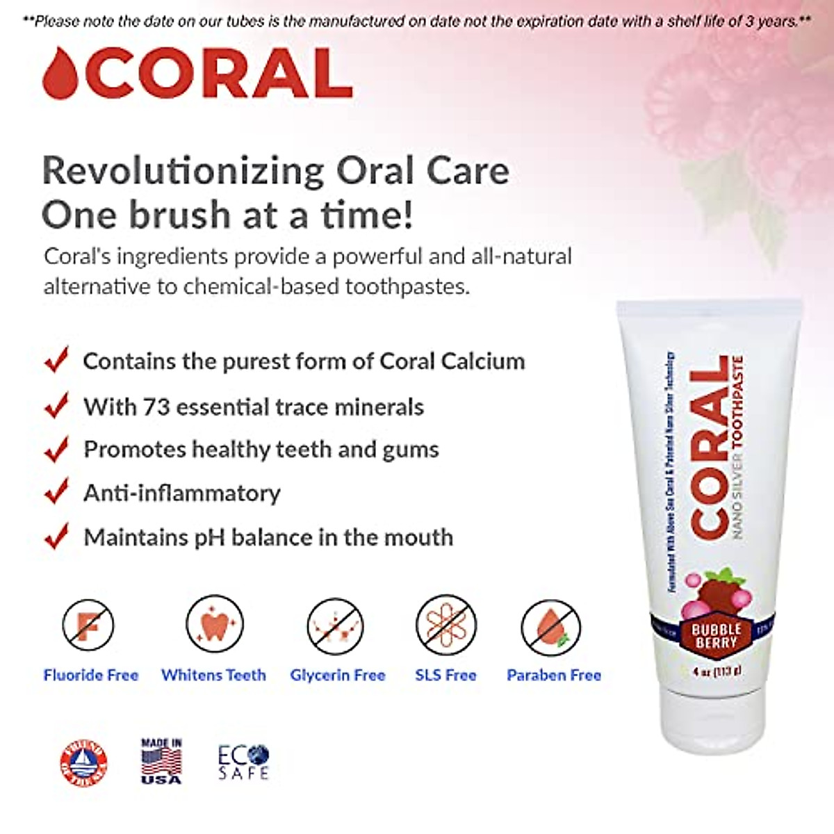 Coral Nano Silver Bubble Berry Fluoride Free Toothpaste, Natural Fluoride Free Teeth Whitening Toothpaste, Coral Calcium Nano Silver Infused SLS Glycerin Free 4 Ounce