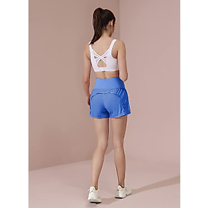 Maacie Women Maternity Layered Fast Drying Yoga Shorts with Liner Inner Pocket Hydrangea Blue