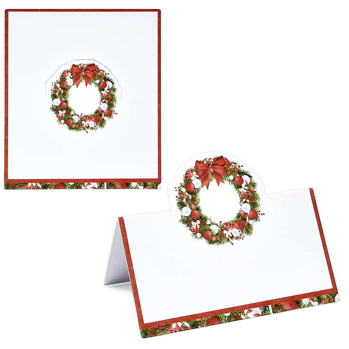 Gift Boutique 100 Pack Christmas Place Cards Holiday Seating Name Card Die Cut Xmas Wreath Table Setting Folded Paper Tent Cards for Dinner Wedding Tables Placement Party Decorations 2" x 3.5"