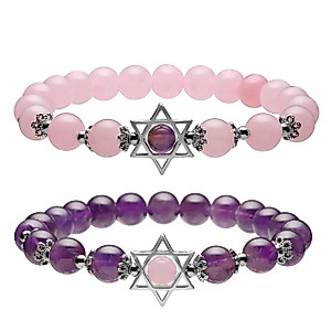 Jovivi 2pcs Natural Semi Precious Gemstone Amethyst Rose Quartz Crystal Bracelets Set Handmade Healing Stone Beads Beaded Stretch Bracelet for Women