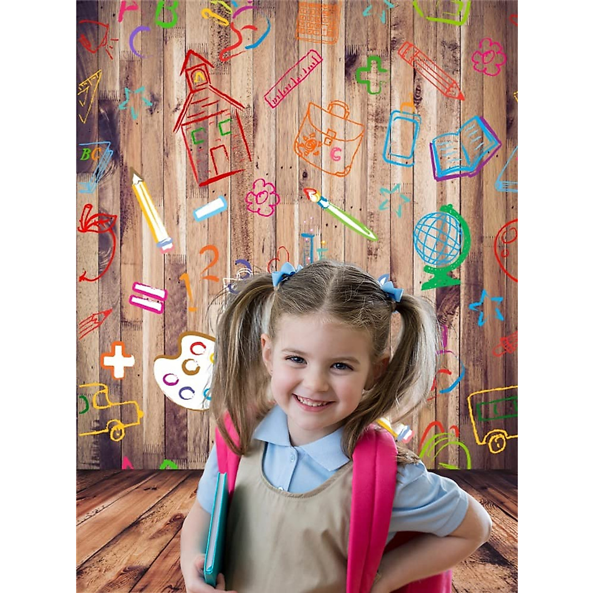 Leowefowa Back to School Backdrop 5x7ft Vinyl Photography Backdrops Hand Painted Pencils House Books on Vintage Retro Stripes Wood Floor Background Baby Kids Children Photo Studio Props