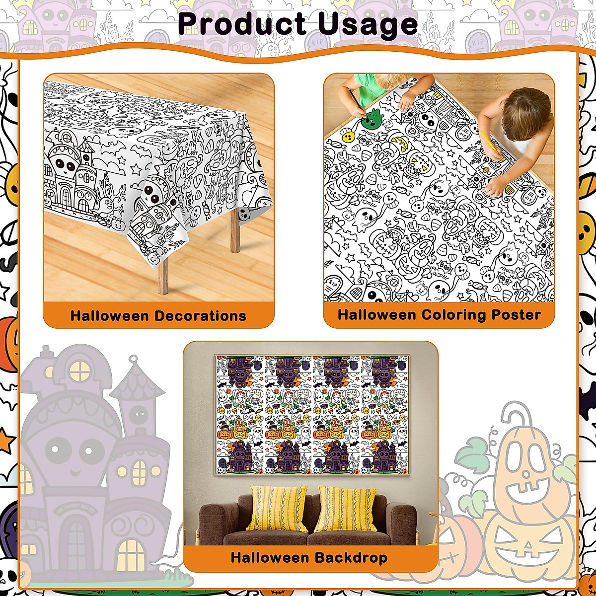 OHOME Halloween Paper Coloring Tablecloth - Halloween Party Decorations | Halloween Backdrop for Indoor | Halloween Games Gifts Decor Party Favors Supplies | Halloween Crafts for Kids,54" x 88"