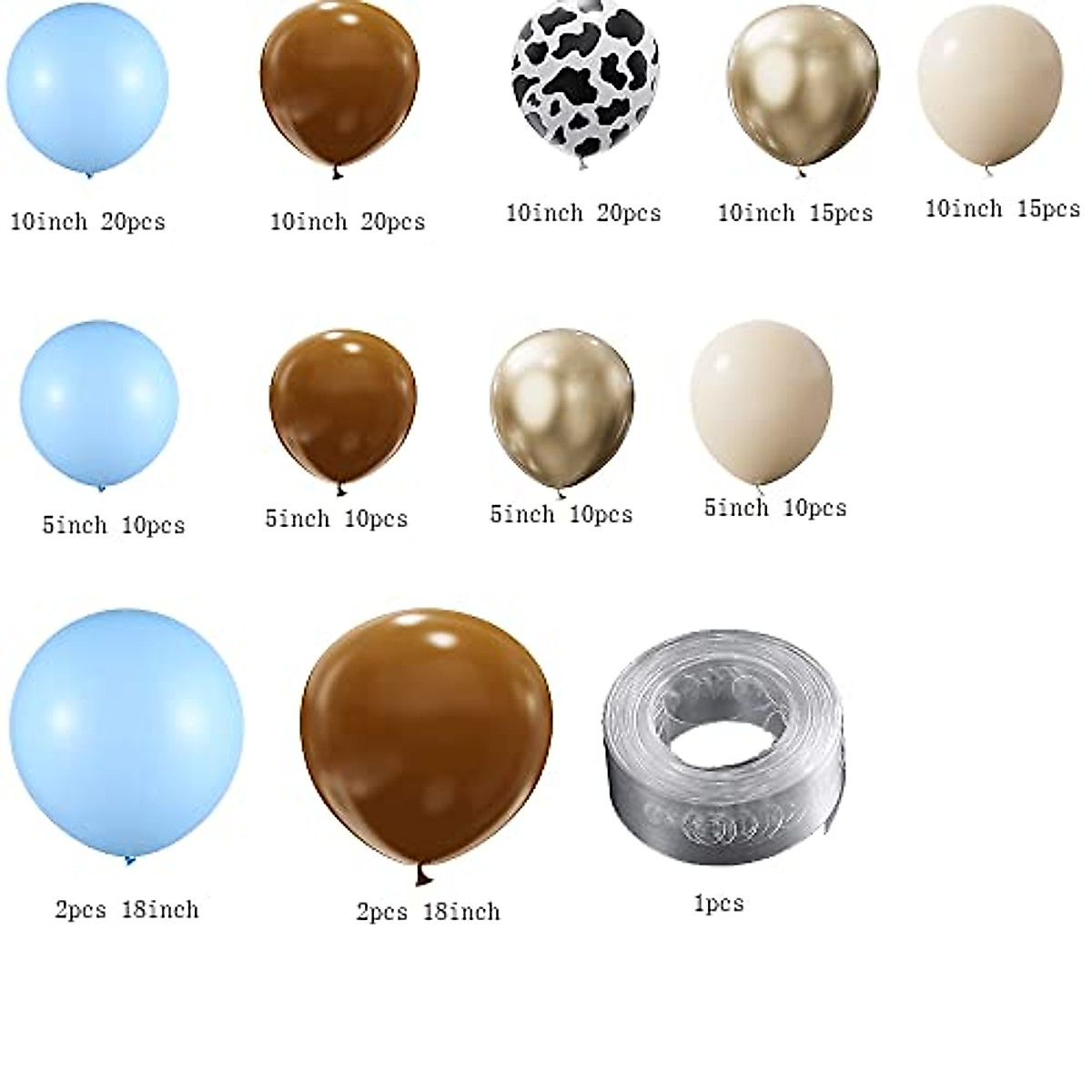 BALONAR 135Pcs Cowboy Blue Balloons Arch Garland Kit with 18/10/5inch Sand White Coffee Cow Print Farm Animal Gold Balloons for Boy Birthday Party Baby Shower Birthday Supplies (Blue)