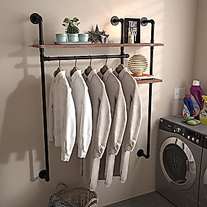 TEDIDUWA 45In Industrial Pipe Clothing Rack,Wall Mounted Clothes Rack with Top Shelves, Pipe Clothing Rack with Shelf, Wall Hangers for Clothes, for Bedroom, Laundry, Living Room, Retail Store