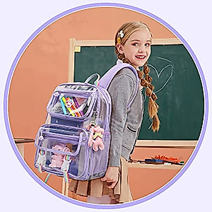 Maod Clear Backpack Heavy Duty Stadium Approved PVC Transparent Large School Book Bag with Free Sticker and A Pendant (Purple)